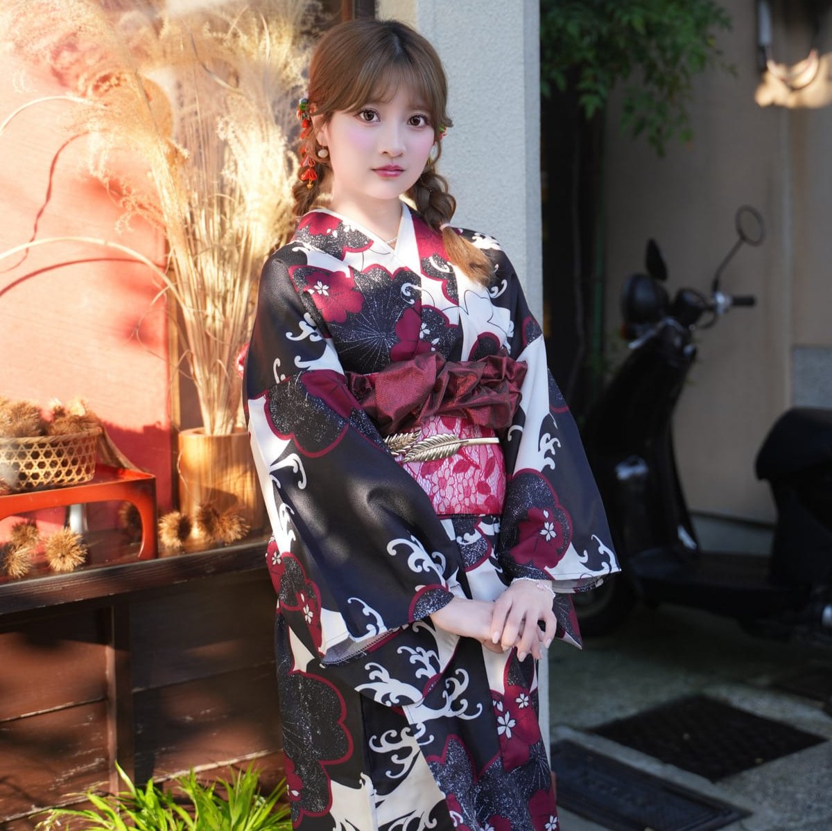 Women Crimson Sakura Wave Yukata and Obi Belt Set | Japanese Clothing Shop – Seigaihaya