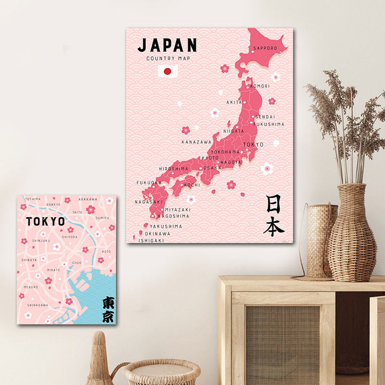 Canvas Printed Pink Japan Map Painting | Japan Wall Art – Seigaihaya