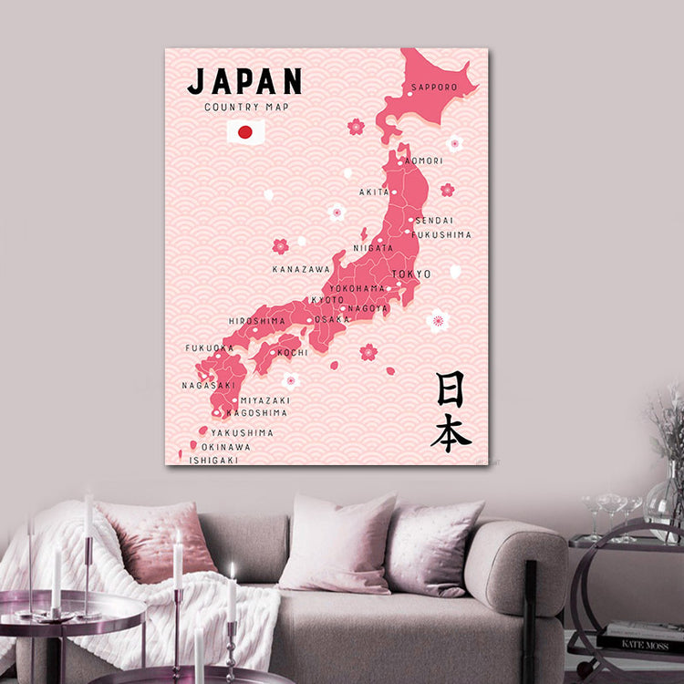 Canvas Printed Pink Japan Map Painting | Japan Wall Art – Seigaihaya