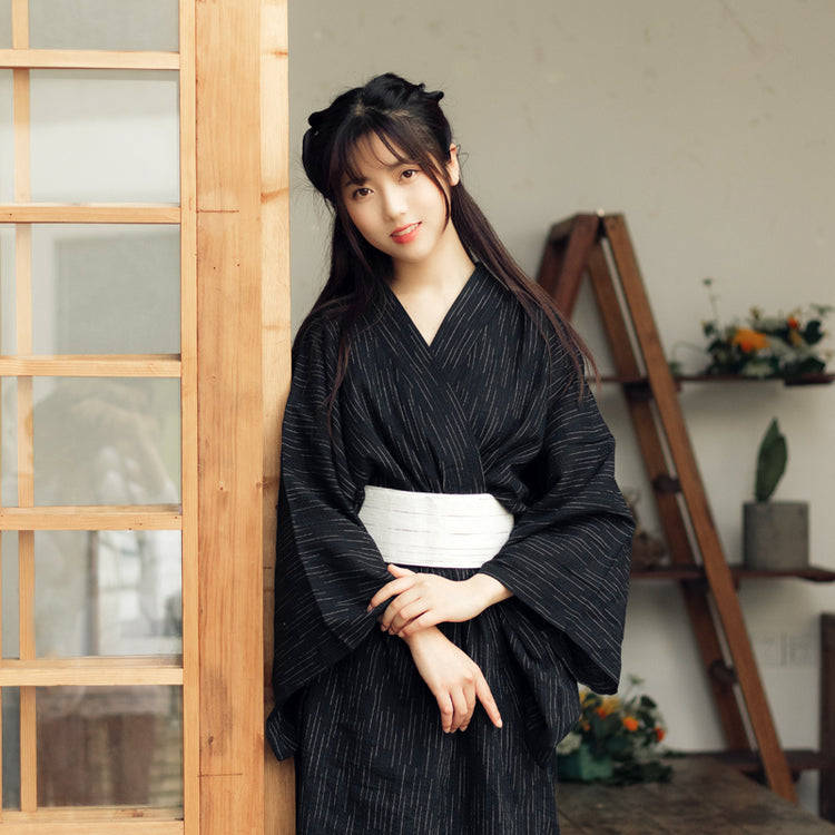 Women Classic Black Yukata and Obi Belt Set | Japanese Clothing Shop ...
